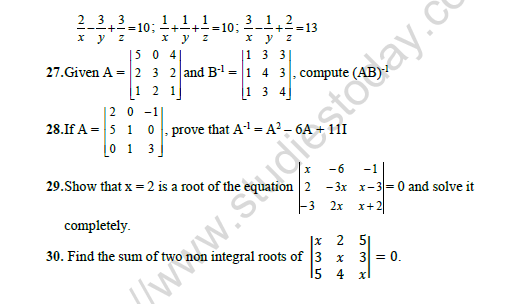 CBSE Class 12 Mathematics Matrices And Determinants Worksheet Set A